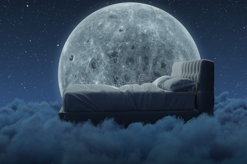 3d Rendering of Cozy Bed Over Fluffy Clouds at Night. Illuminated by ...