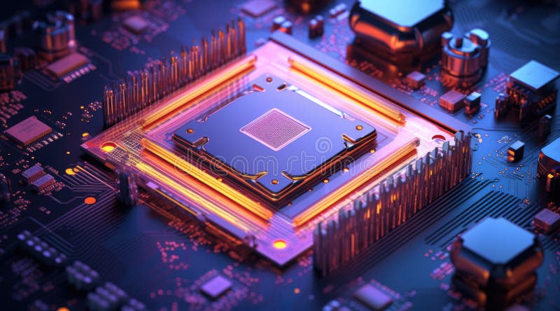 3d Rendering of Cpu in Circuit Board. Computer Technology Concept Stock ...