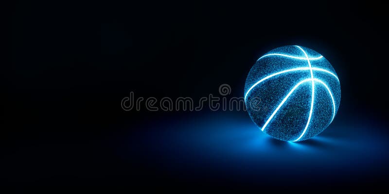 3D Rendering Of Blue Neon Basketball Ball On Black Background Stock ...