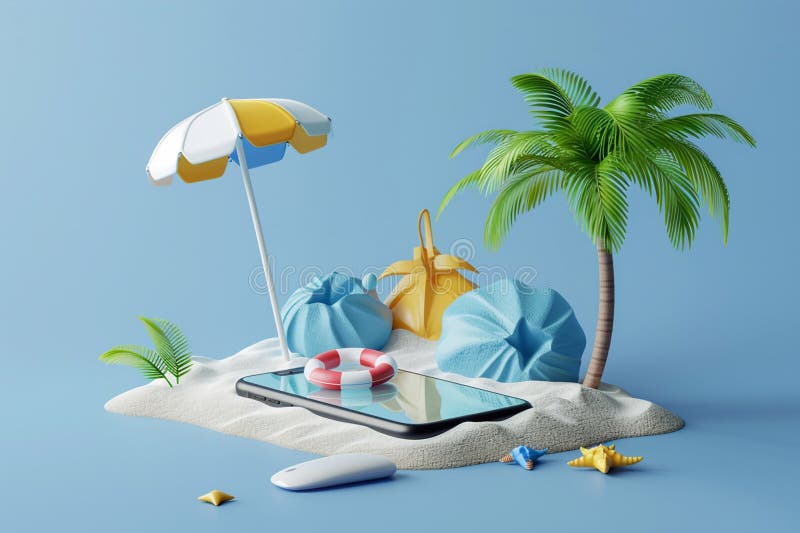 3D Rendering, Creative Summer Beach on Smartphone with Blue Background ...