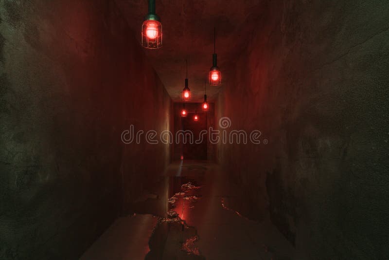 3d Rendering of Creepy Grunge Corridor with Hanging Light Bulbs Stock ...