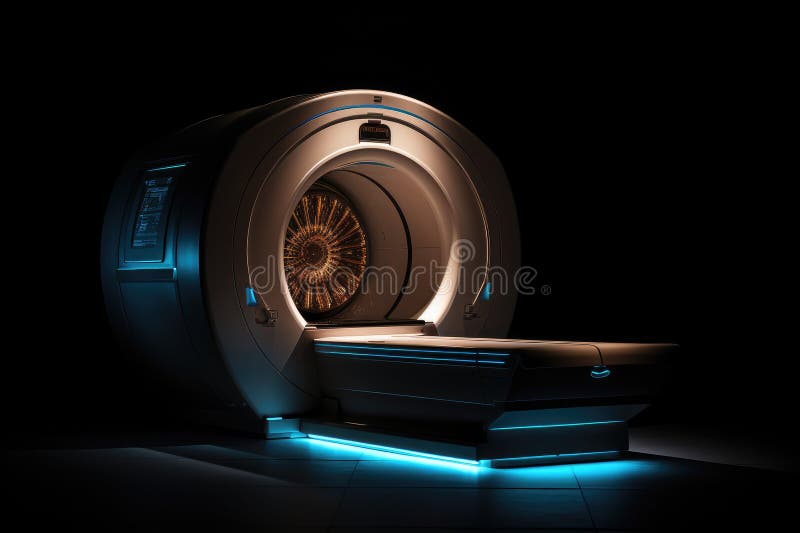 3D Rendering of a CT Scanner in a Dark Room with Blue Light, a Dramatic ...