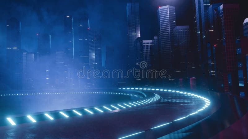 Curvy Highway with Blur Light from Buildings in Mega City at Night ...