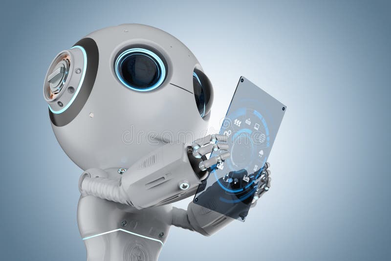 Mini robot with tablet stock illustration. Illustration of cyborg ...