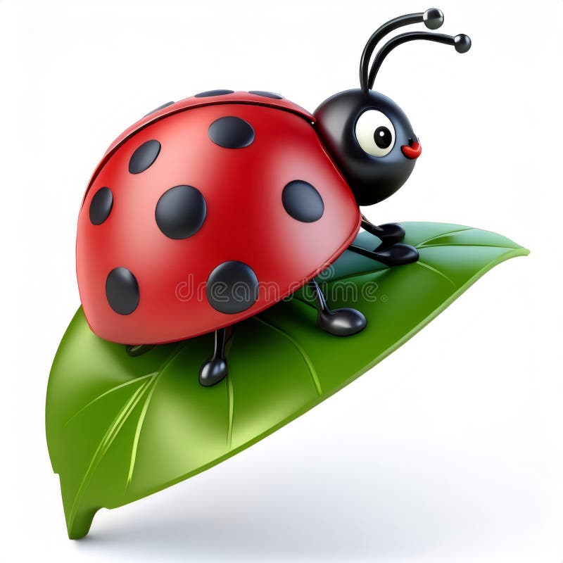 3D Cartoon Ladybug Perching on Verdant Leaf, White Background Rendering ...