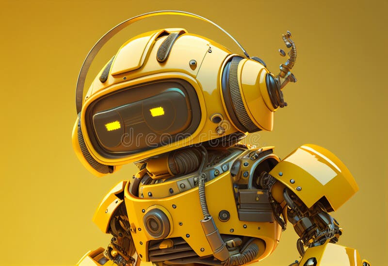 3D Rendering of a Cute Yellow Robot on a Yellow Background with Copy ...
