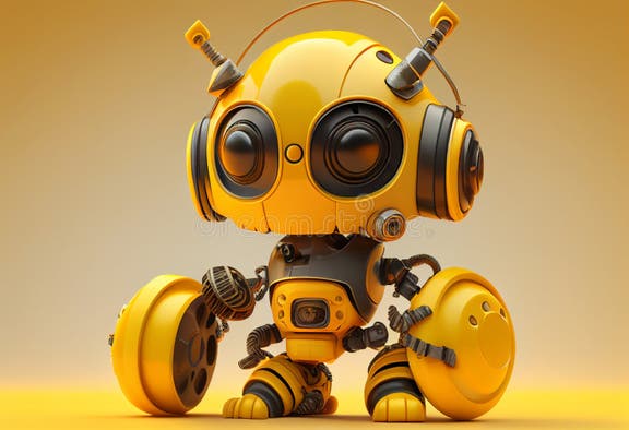 3D Rendering of a Cute Yellow Robot on a Yellow Background with Copy ...