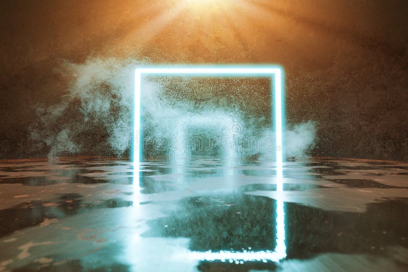 3d Rendering of Cyan Lighten Square Shape and Orange Light Beam Stock ...