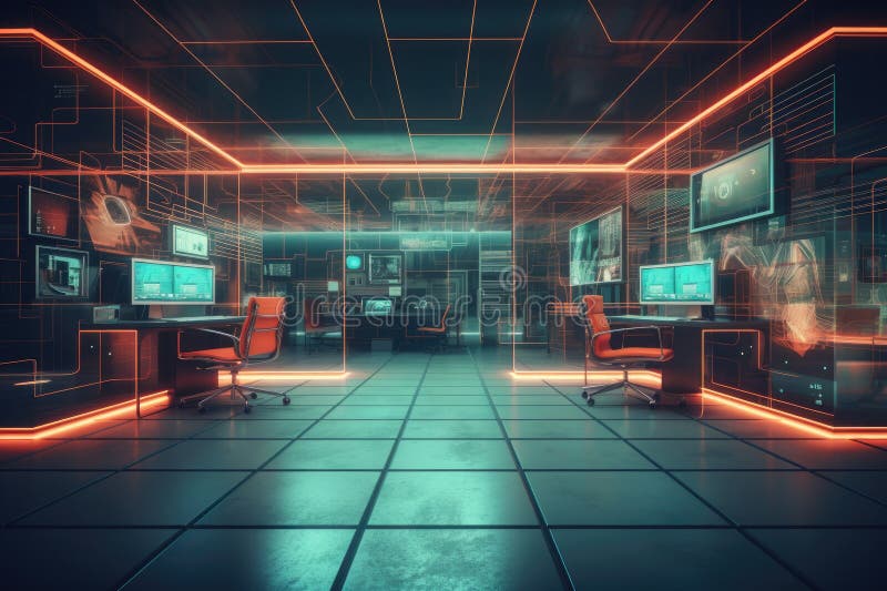 3D Rendering of a Cyberpunk Office Interior with Neon Lights, Interior ...