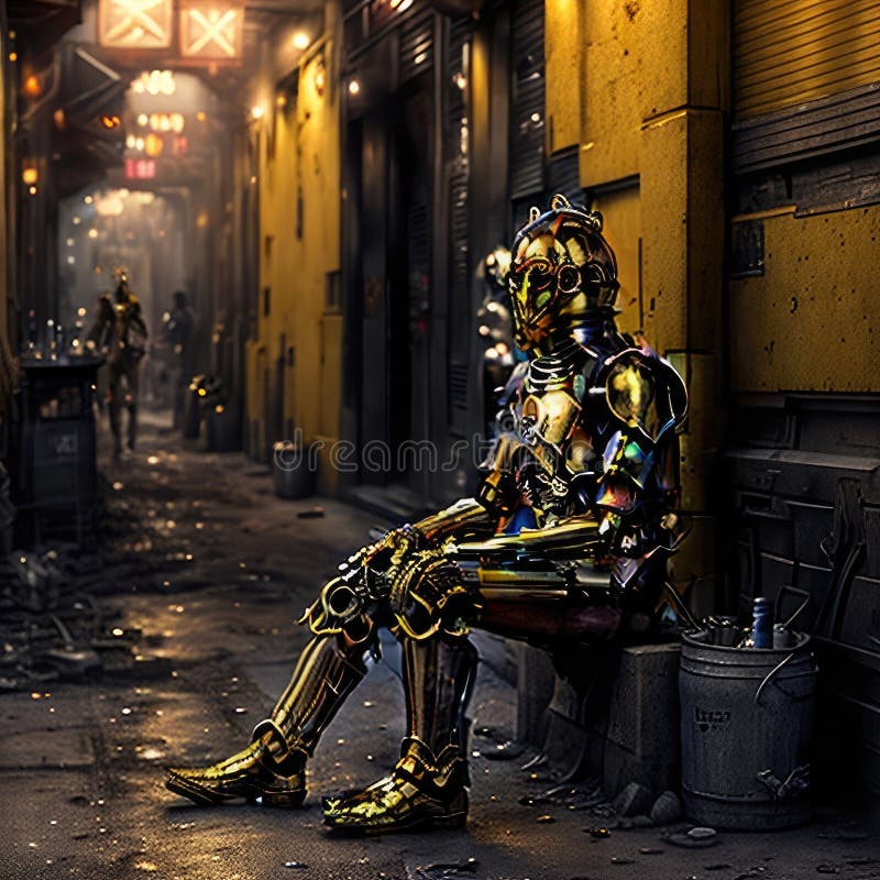 3D Rendering of a Cyborg Sitting on a Bench in the Street at Night ...