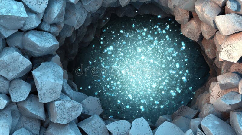 A 3D Rendering of a Dark Blue Cave with a Bright Blue Glow at Its ...