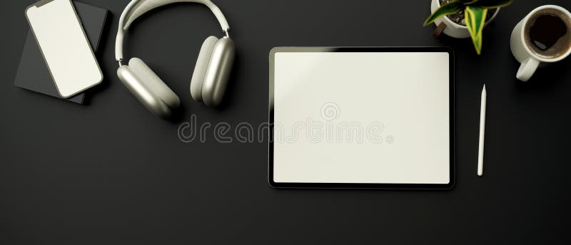 3D Rendering, Dark Creative Workspace with Digital Tablet, Headphone ...