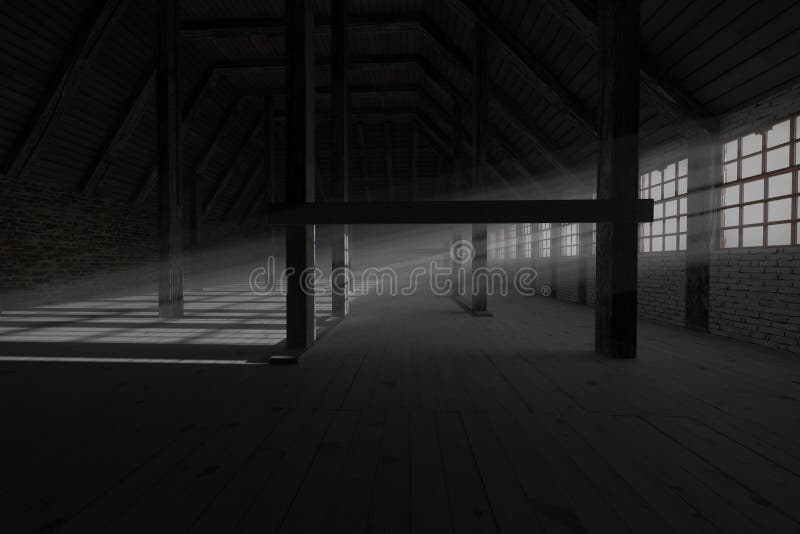 3d Rendering of Darken Empty Attic with Light Rays through Windows ...
