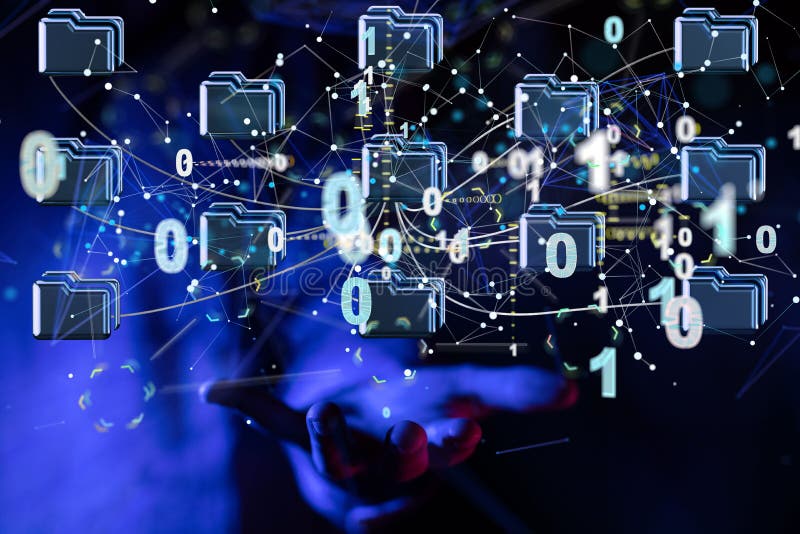 3d Render Of Data Network With Connected Computer Folder Symbols And Binary Codes In Person S