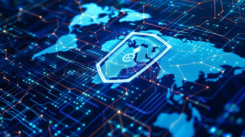 3d Rendering Of Data Security Network With Shield Symbol Ai Generated Stock Illustration