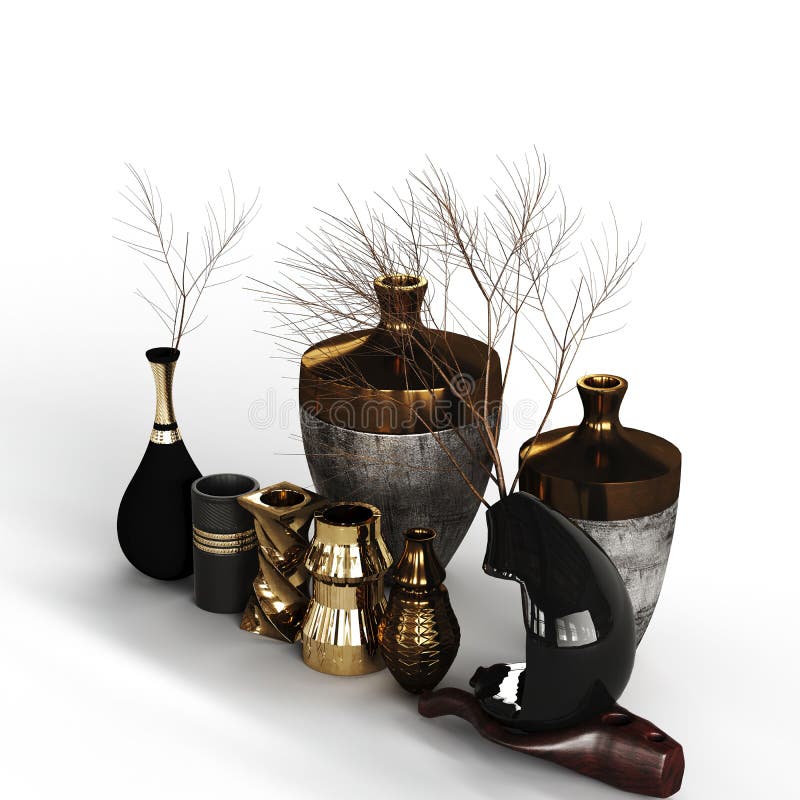 3D Rendering of Decorative Ceramic Vase Collection on White Background ...