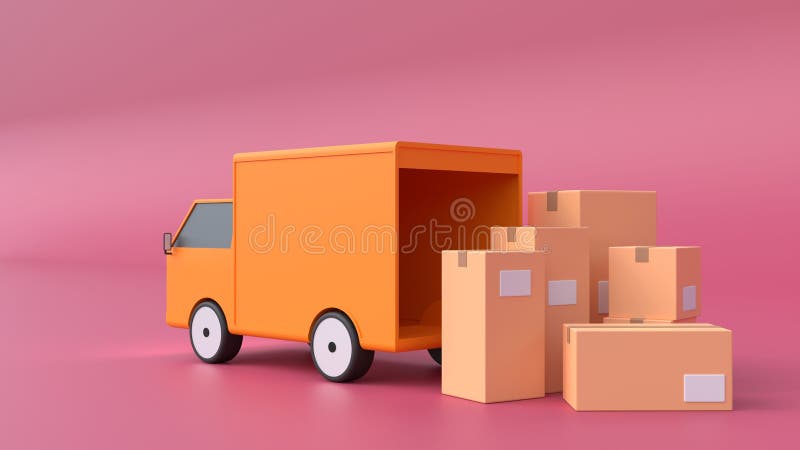 3D Rendering Delivery Car. Orange Car with Packaging. Shipping ...