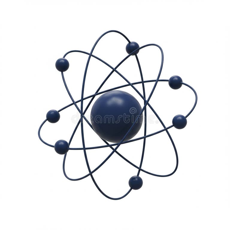3D Rendering Depicting an Atomic Model. a Central Navy Blue Sphere ...