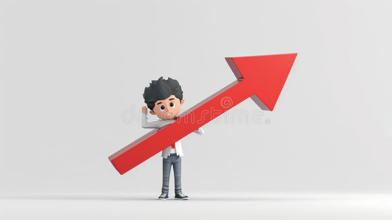Cartoon Character Holding Red Arrow Pointing Down - Concept of Decline ...