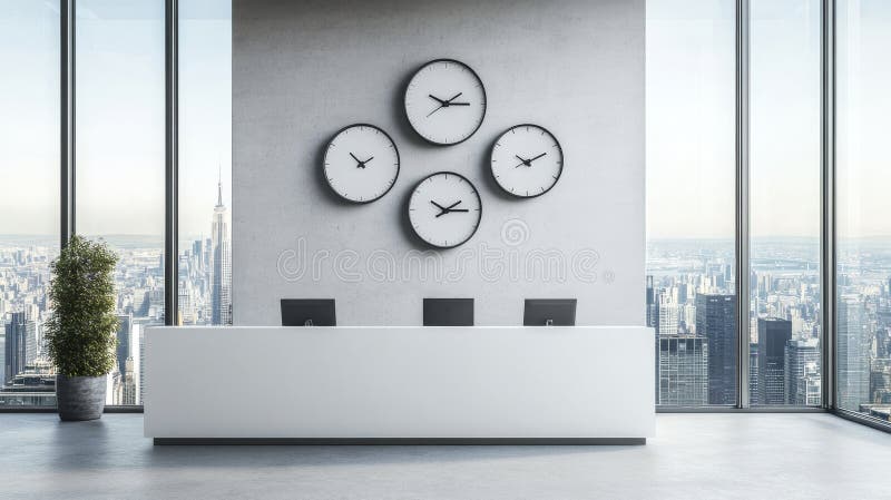 The 3D Rendering Depicts an Empty Office Reception with Three Clocks on ...