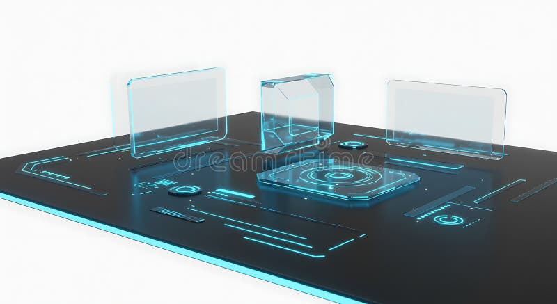 Cyan Blue Neon Futuristic Interface Glass Panels Dark Surface Stock ...