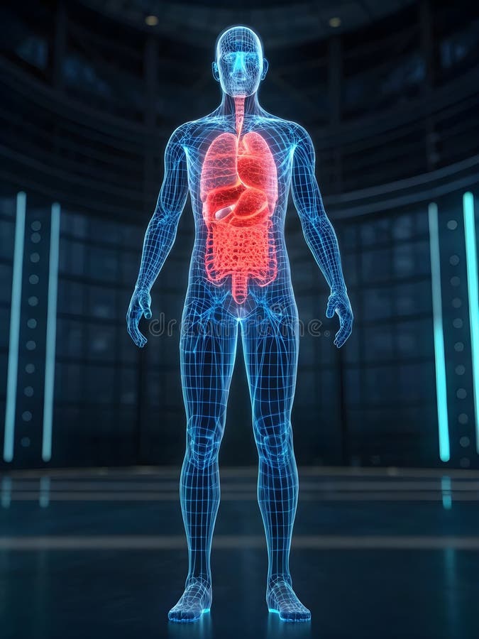 Human Anatomy Model Wireframe Red Organs Blue Luminous Stock ...