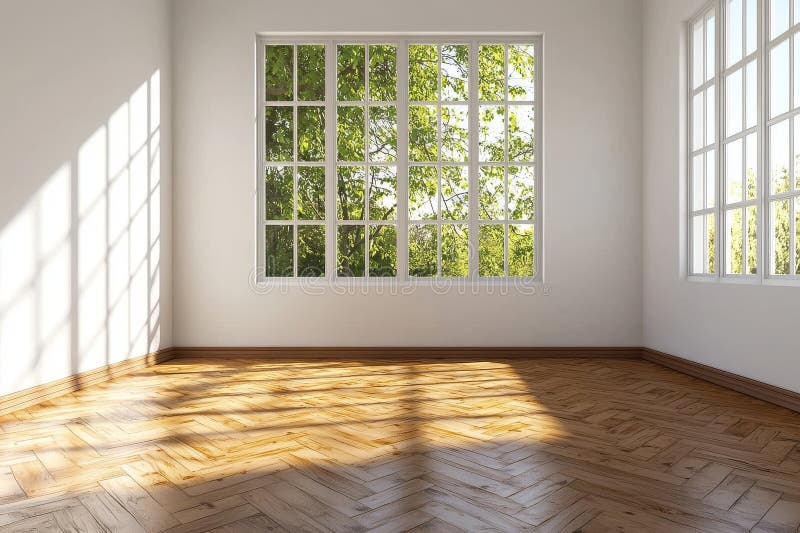 This 3D Rendering Depicts a Modern, Empty Room with a Large Window and ...