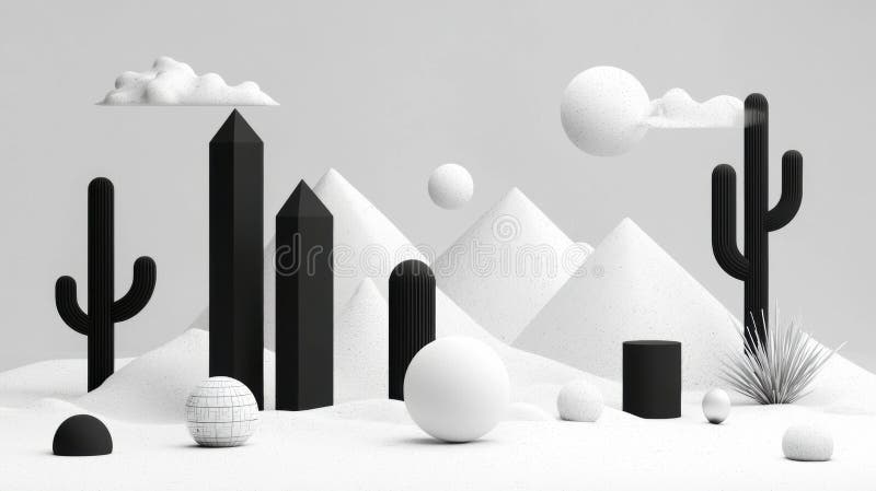A 3D Rendering of a Desert Landscape with Mountains, Cacti, Spheres ...