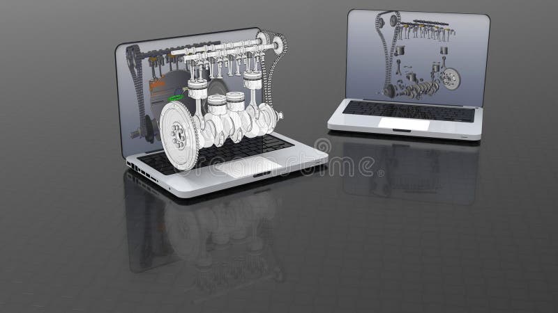 3D Rendering - Design a 4 in Line Engine on Laptops Stock Illustration ...