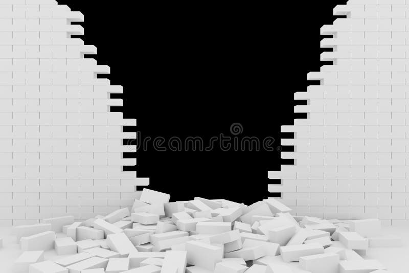 3D Rendering Destruction of a White Brick Wall on Black Background Stock Illustration ...
