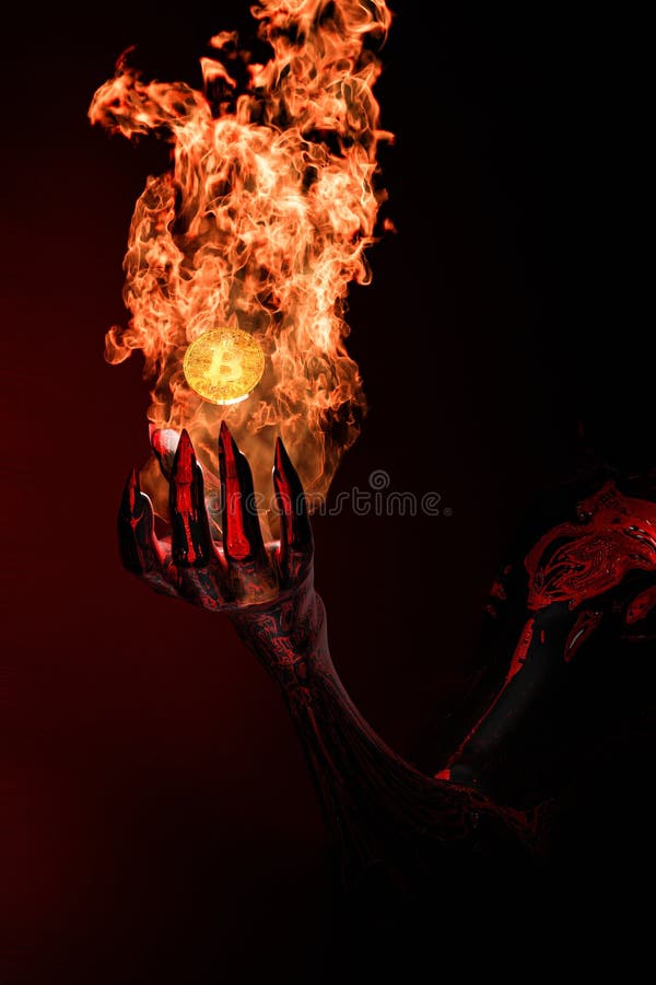 3D Rendering of a Devil Hand Burns a Golden Bitcoin with Hot Flame ...
