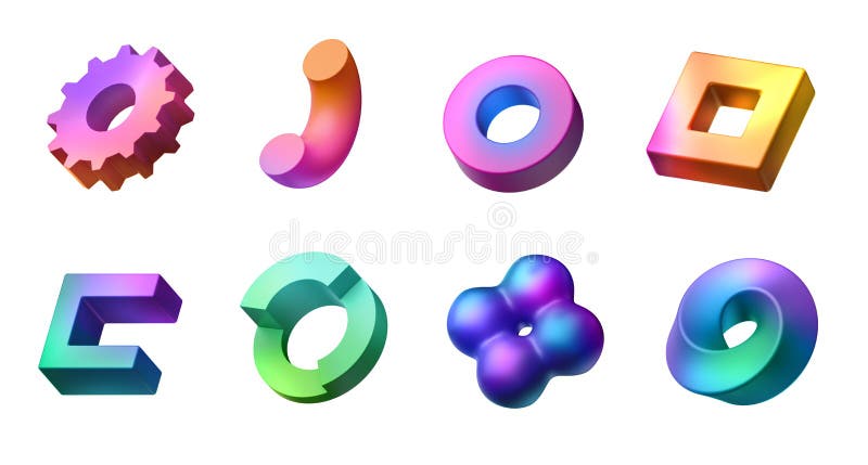 3d Rendering. Different Iridescent Geometric Shapes Set. Modern Minimal ...