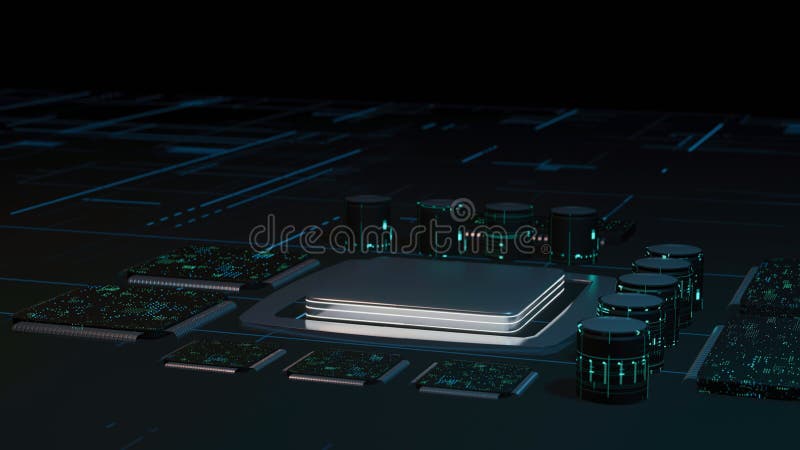 3d Rendering Of Digital Binary Data On Microchip With Glow Circuit