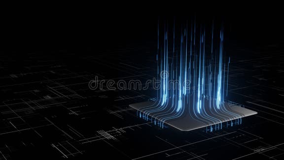 3d Rendering Of Digital Binary Data On Microchip With Glow Circuit