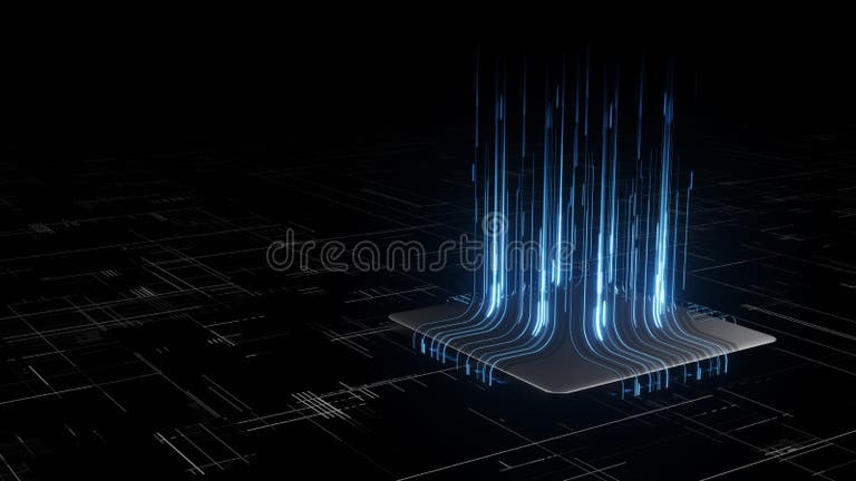 3d Rendering Of Digital Binary Data On Microchip With Glow Circuit