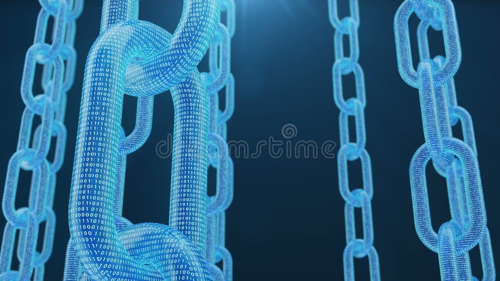 3D Rendering Digital Blockchain Code. Chain Links Network. Blue ...