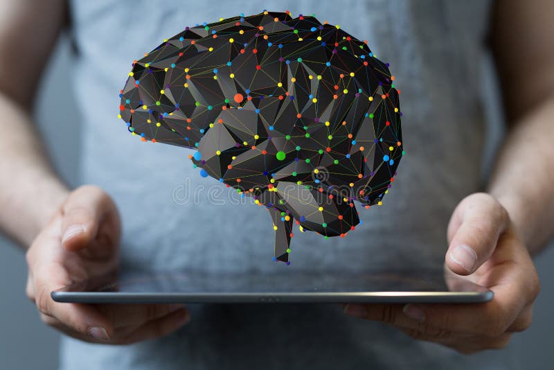 3D Rendering of Digital Brain in Front of a Female Holding Tablet Stock ...