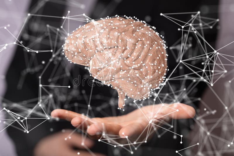 3D Rendering of the Digital Brain with Hand Touching it from Behind ...