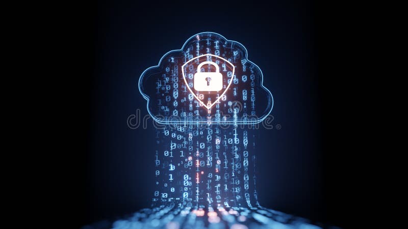 Digital Cloud with Shield Icon and Binary Data Stock Illustration - Illustration of background ...