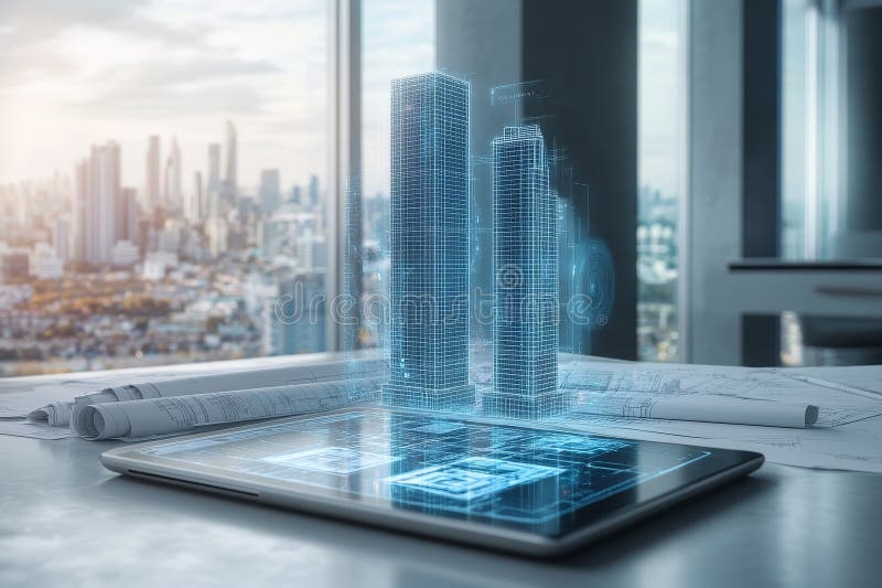 3d Rendering of a Digital Tablet Displaying Blueprints and a Skyscraper ...