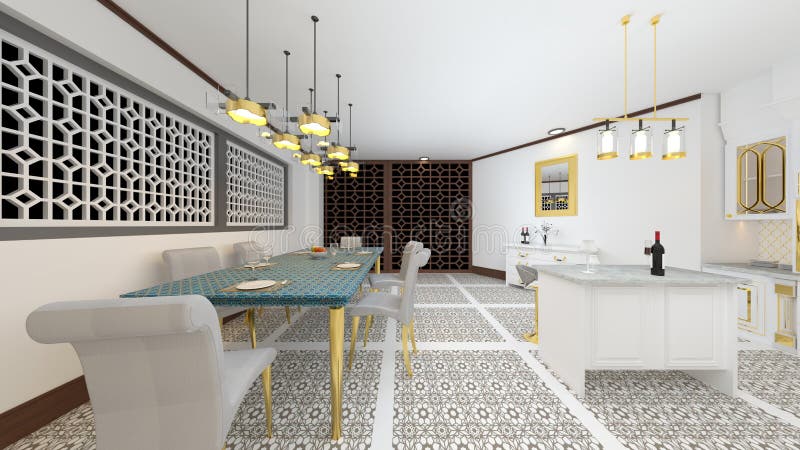 3D Rendering of the Dining Kitchen Stock Illustration - Illustration of ...