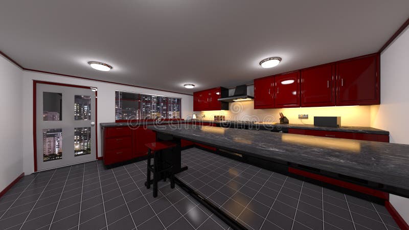 3D Rendering of the Dining Kitchen with Night View Stock Illustration ...