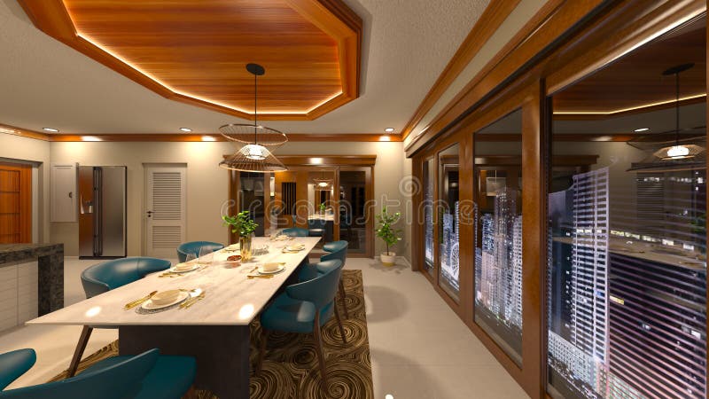 3D Rendering of the Dining Room with Night View Stock Illustration ...