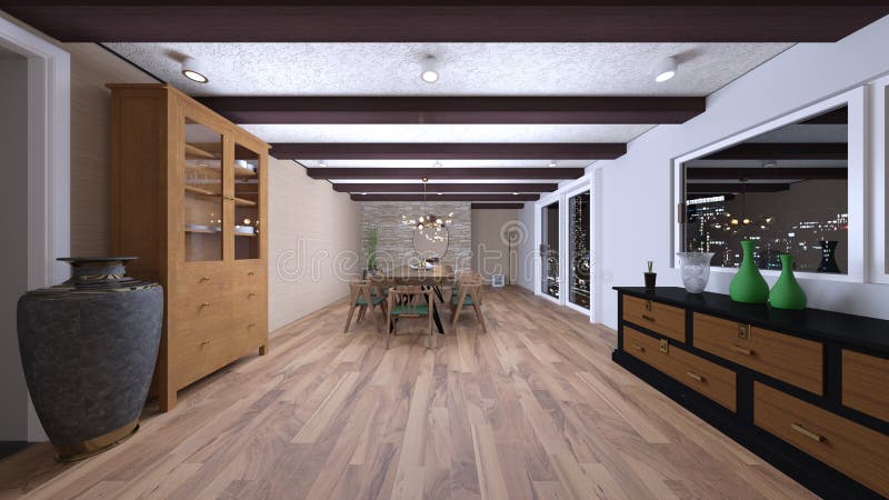 3D Rendering of the Dining Room with Night View Stock Illustration ...