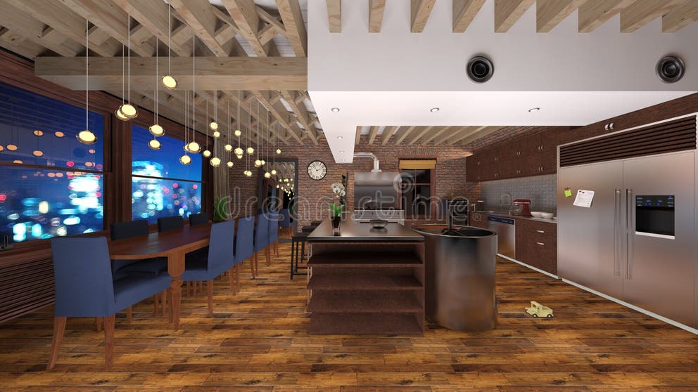 3D Rendering of the Dining Room with Night View Stock Illustration ...