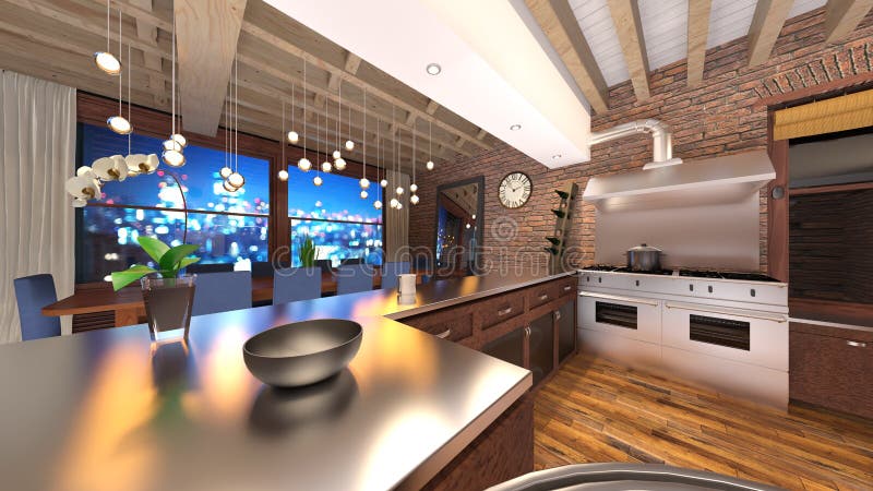 3D Rendering of the Dining Room with Night View Stock Illustration ...