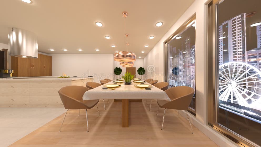 3D Rendering of the Dining Room with Night View Stock Illustration ...