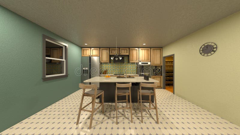 3D Rendering of the Dining Room with Night View Stock Illustration ...