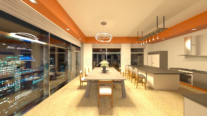 3D Rendering of the Dining Room with Night View Stock Illustration ...