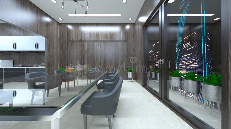 3D Rendering of the Dining Room with Night View Stock Illustration ...